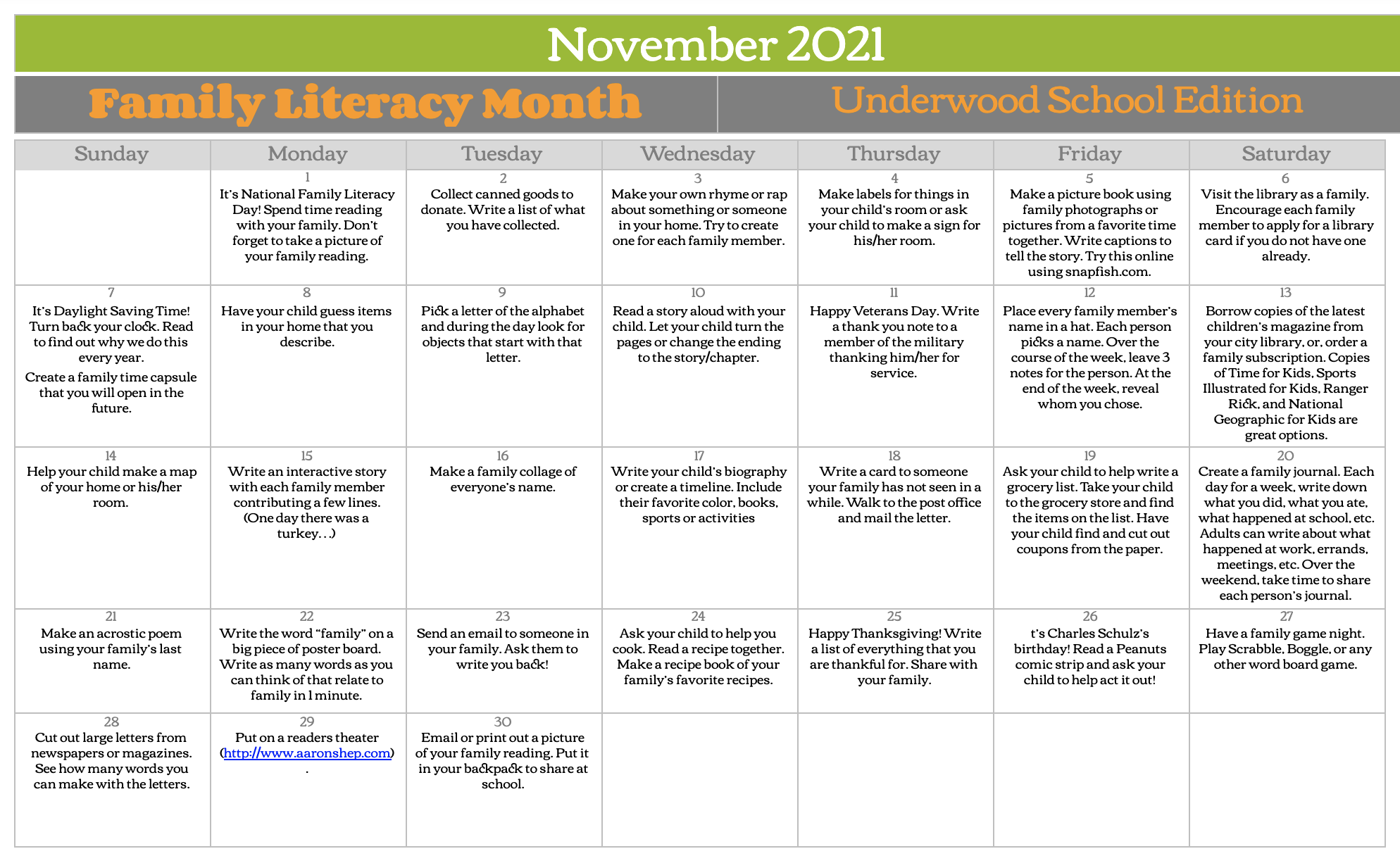 November is Family Literacy Month! • Underwood School PTO